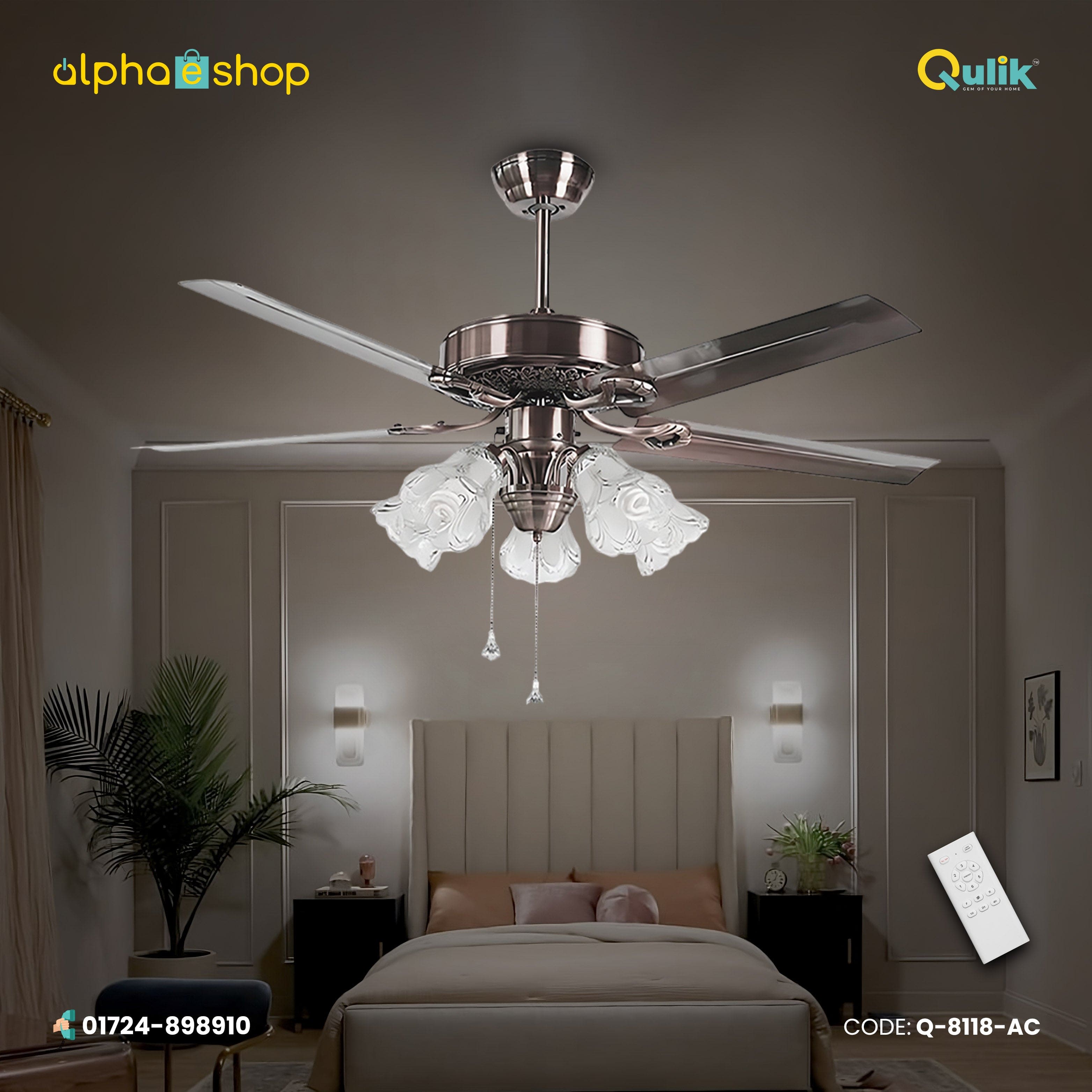 Qulik Luxoria UL 52" -Glass Flower Lampshade Copper Motor Remote Contr – Alphaeshop Limited